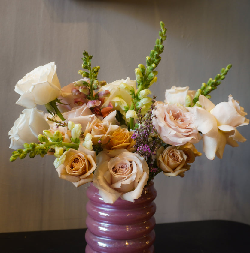 Floral arrangement in a contemporary white compote – GIA AND THE BLOOMS